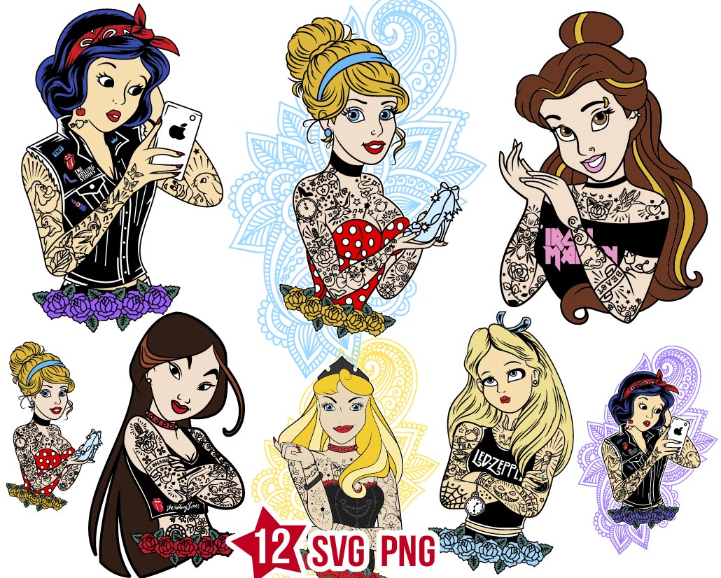 Tattooed Disney Princess Svg, Punk Princess Svg | BOXMEDIART Svg Cut Files and Designs