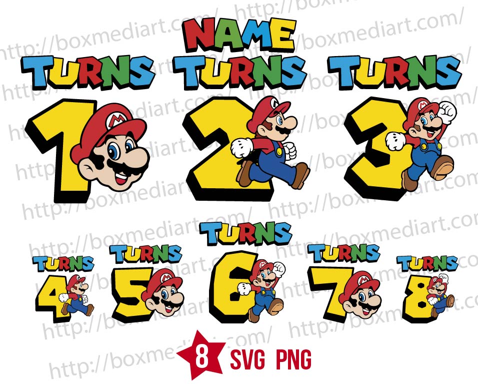 Custom Name Turns Mario Bros Birthday 1st to 8th Svg Bundle ...